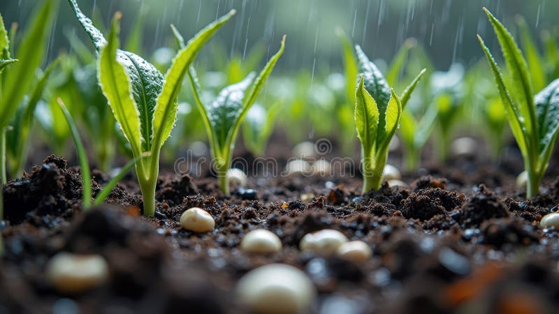 Close-up of Young Green Shoots and Seedlings in Rainy Soil Stock Image ...
