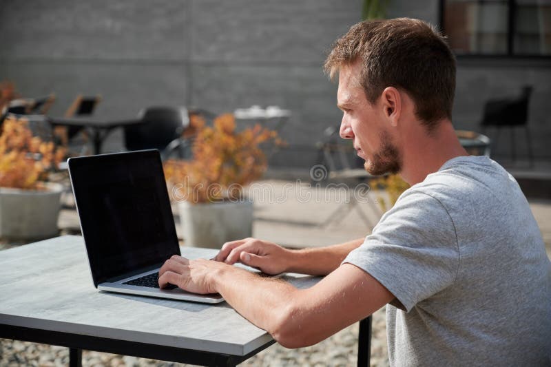 Young Man Working in Laptop on Fresh Air. Stock Photo - Image of ...