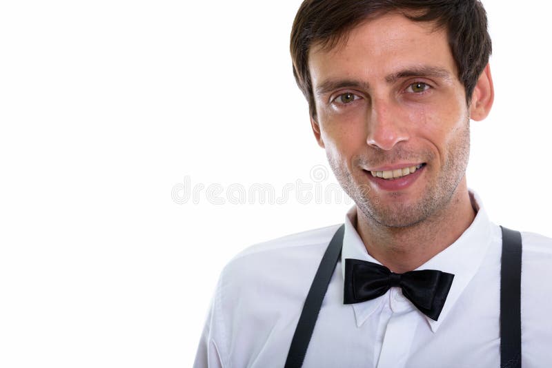 Close Up of Young Happy Man Smiling while Wearing Suspenders and Stock ... Close Up of Young Happy Man Smiling while Wearing Suspenders and Stock ...