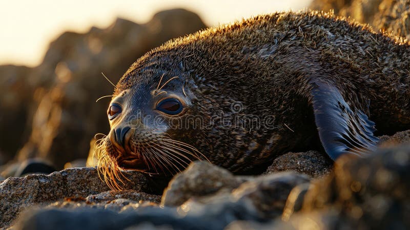 Close-up of a Young Harbor Seal Resting on Rocks at Sunset Stock Image ...
