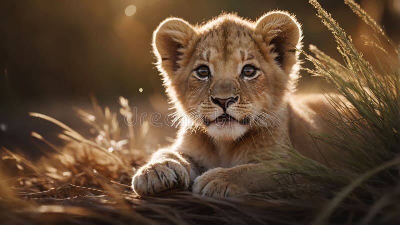 Adorable Lion Cub in Golden Hour Light Stock Illustration ...