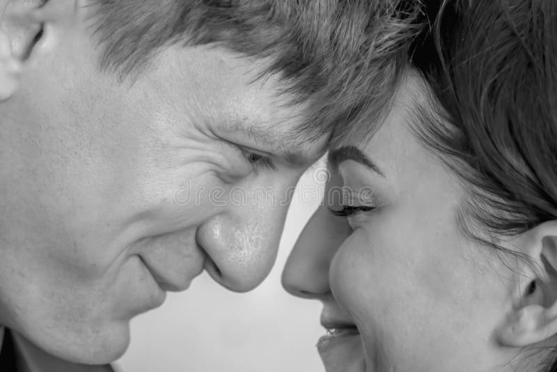 Close Up Of Young Loving Sensual Couple Touching Forehead Enjoying