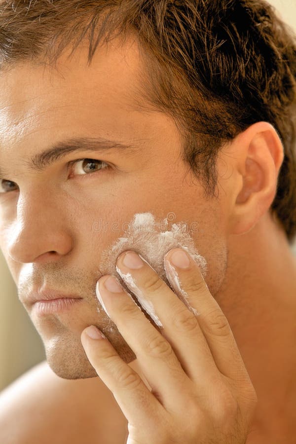Close-up of Young Man Applying Shaving Cream Stock Image - Image of ...