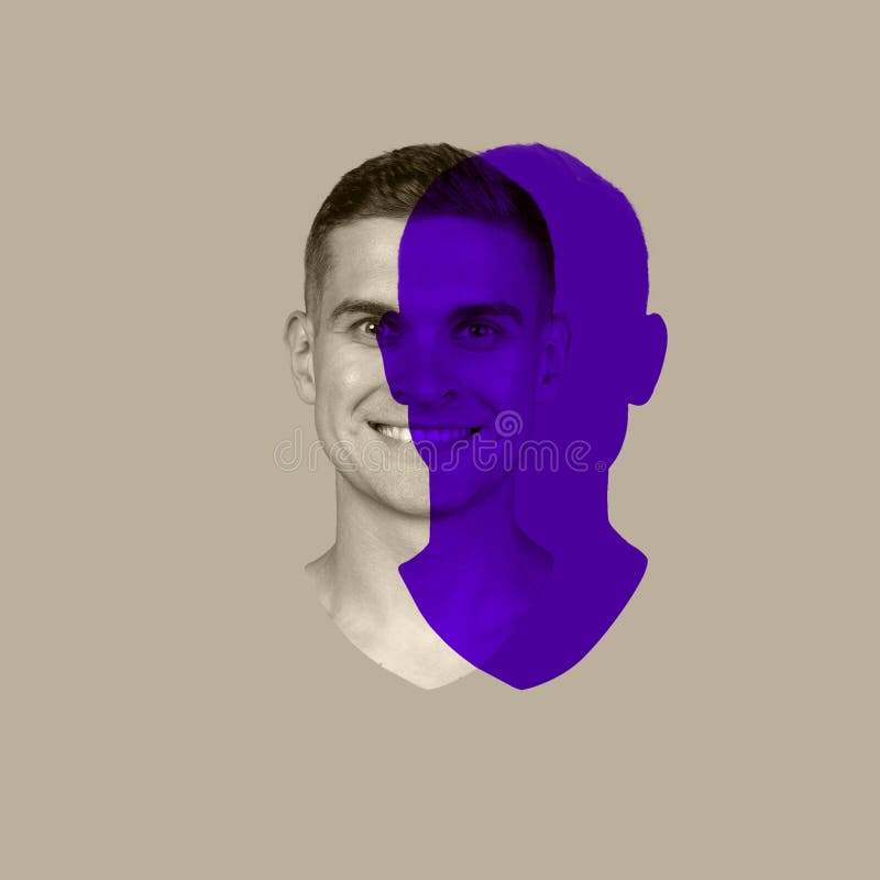 Close-up Young Man S Face, Head with Colored Silhouette, Shadow ...