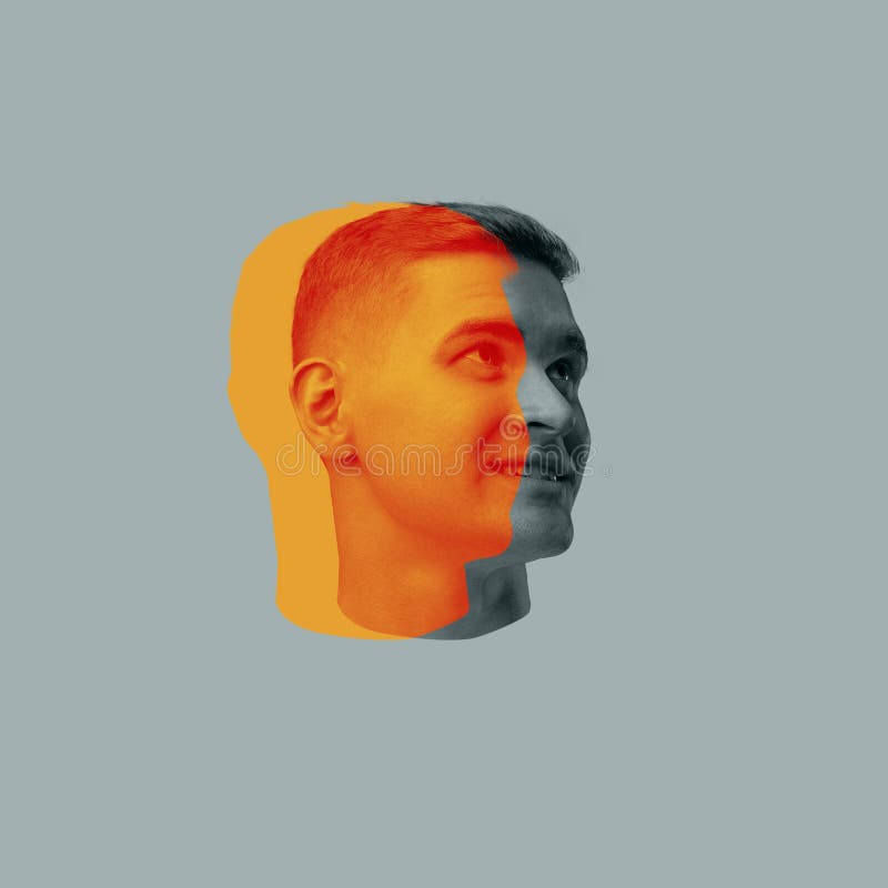 Close-up Young Man's Face, Head with Colored Silhouette, Shadow ...