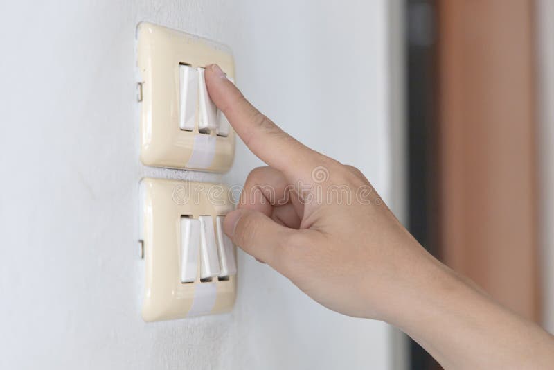 Close Up Young Man`s Hand Pressed the Button To Turn on the Light ...