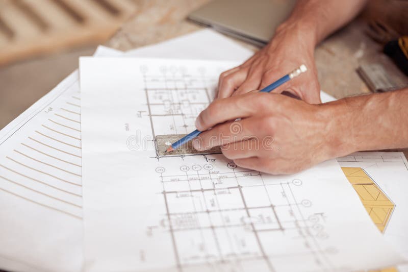Male Architect Hands Drawing Architectural Building Plan Stock Photo ...
