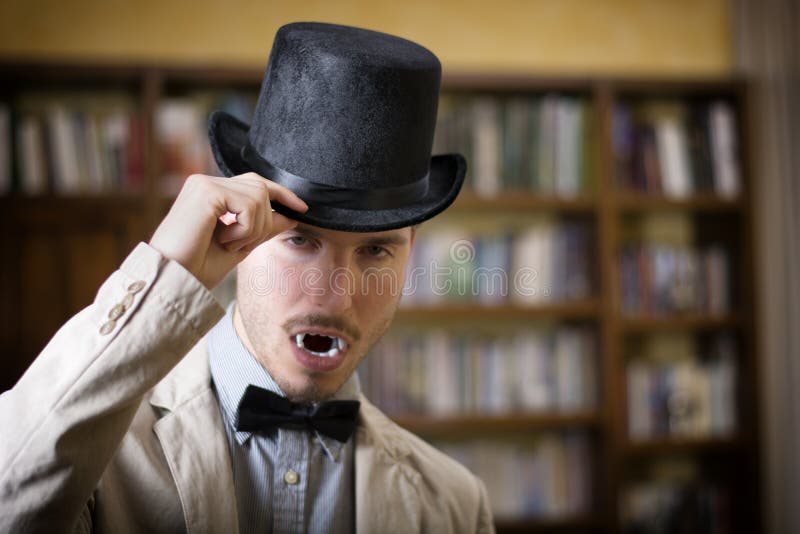 Close Up Young Vampire with Black Top Hat Stock Photo - Image of mouth ...