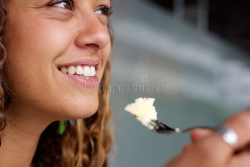 Close Up Young Woman Face Eating Cake with Fork. Stock Photo - Image of ...