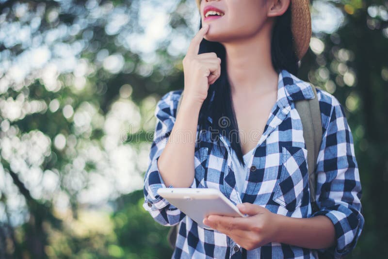 Close Up Young Woman Traveler Using the Phone Stock Image - Image of ...