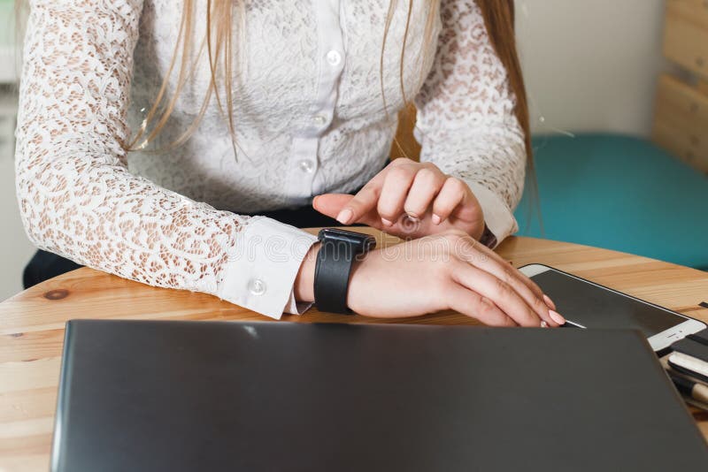 Close Up Young Woman Using Her Modern Smart Watch Stock Image - Image ...