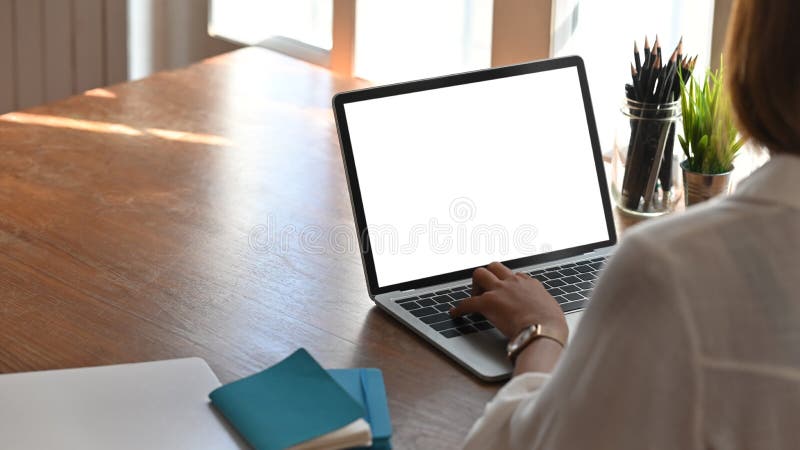Close-up Young Woman Working with Laptop Computer, Empty Screen Display ...