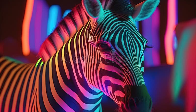 A Close Up of a Zebra in a Room with Neon Lights Stock Illustration ...