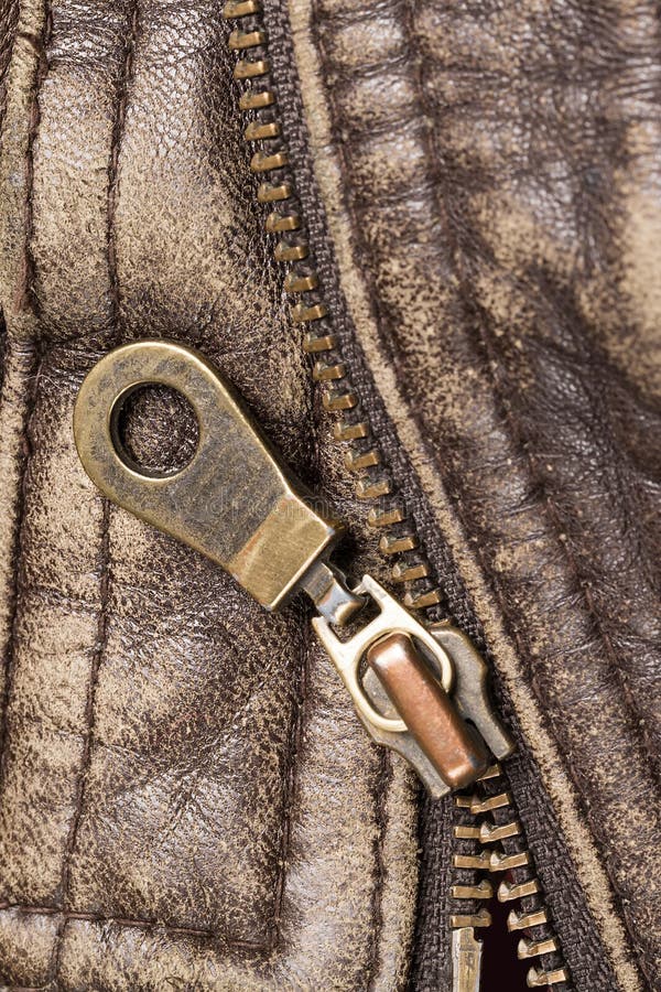 Close-up Zipper on Old Brown Leather Jacket. Focus on Zipper Stock ...