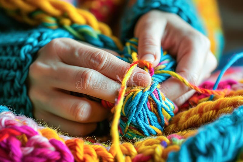 Close-ups of Hands Knitting or Crocheting with Vibrant Yarn Stock Illustration - Illustration of ...