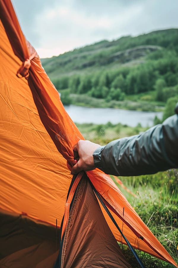 Close-ups of Hands Setting Up a Tent in Mountain. Stock Illustration ...