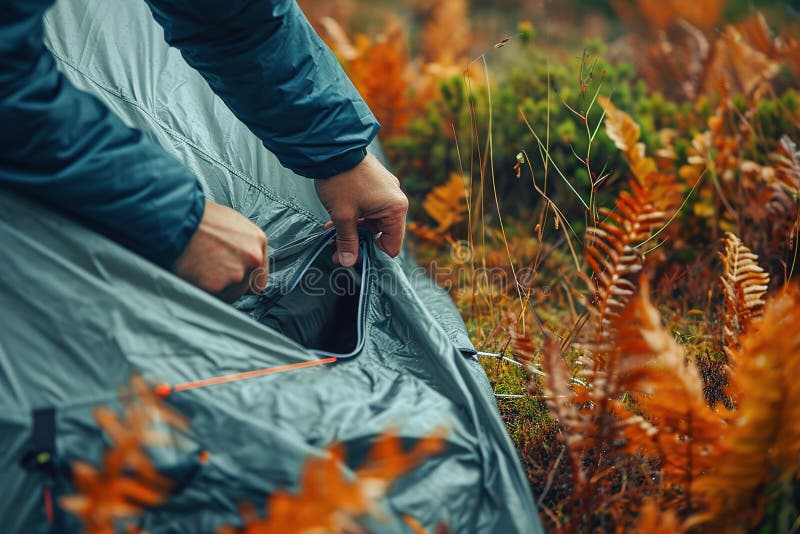 Close-ups of Hands Setting Up a Tent in Mountain. Stock Illustration ...