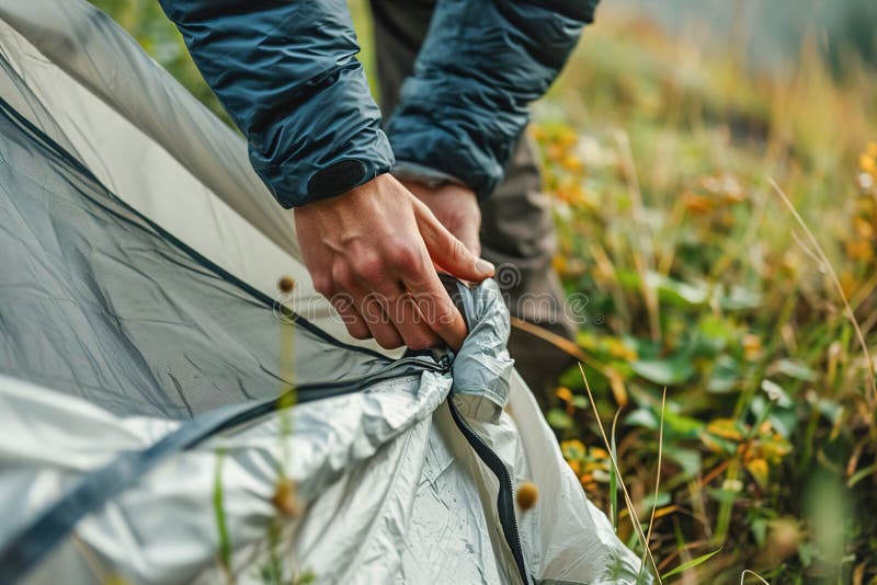 Close-ups of Hands Setting Up a Tent in Mountain. Stock Illustration ...