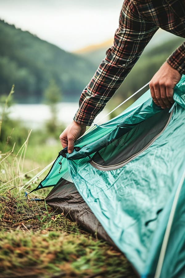 Close-ups of Hands Setting Up a Tent in Mountain. Stock Illustration ...