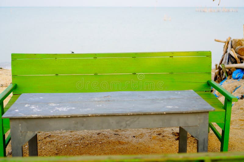 Close-up View of Cafe Benches on the Beach Sand. Stock Image - Image of ...