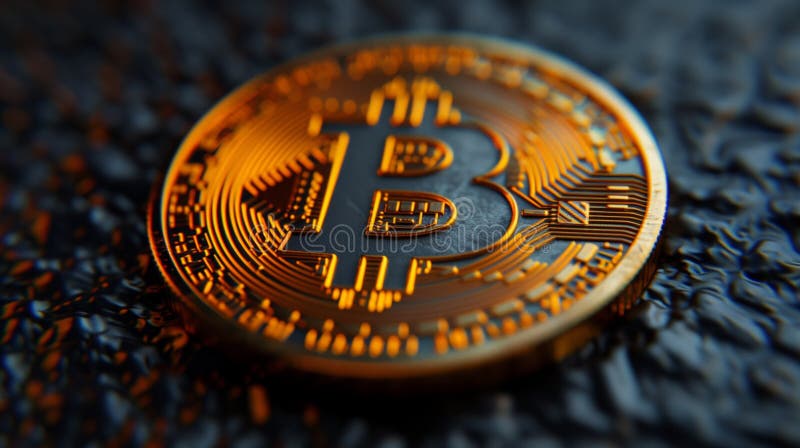 Close View of a Bitcoin Resting on a Textured Surface Showcasing Its ...