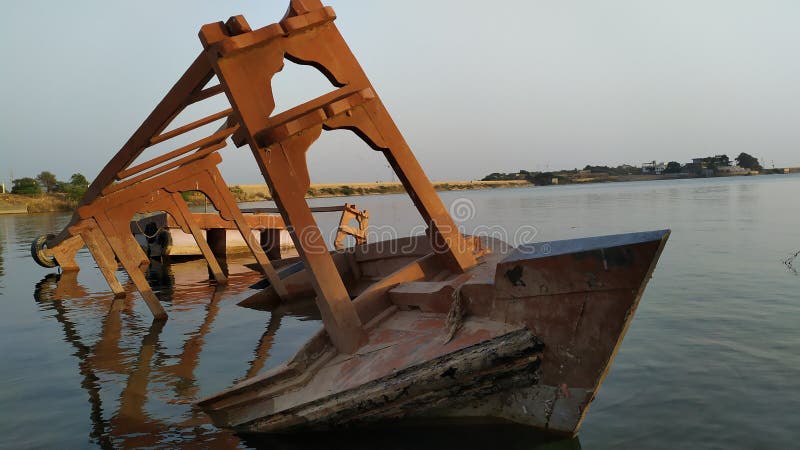 A Close View of a Broken Boat Landed in the Lake. Stock Image - Image ...