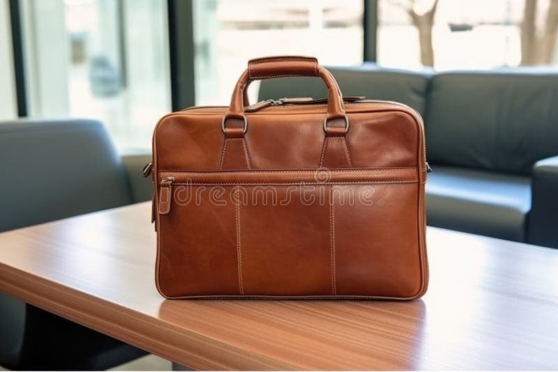 Close View of a Brown Leather Briefcase on a Table Stock Image - Image ...