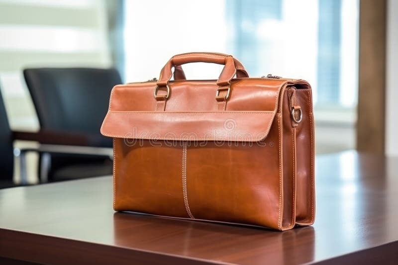 Close View of a Brown Leather Briefcase on a Table Stock Photo - Image ...