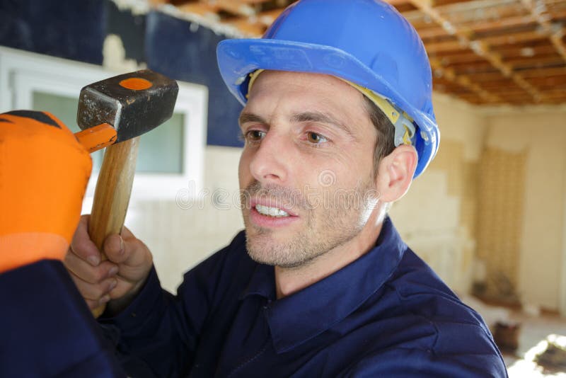 Close View Builder Using Hammer Chisel Stock Image - Image of ...