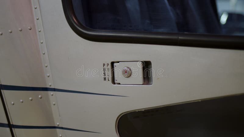 Close View of Door Handle of Helicopter or Any Air Vehicle. Sign PUSH ...