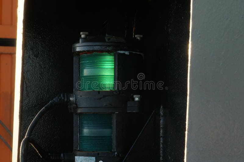 Close View on Green Starboard Side Navigational Lights of the Container ...