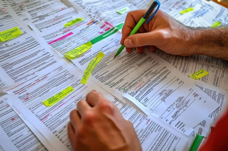 Detailed Examination of Paperwork with Highlighters and Notes on a ...