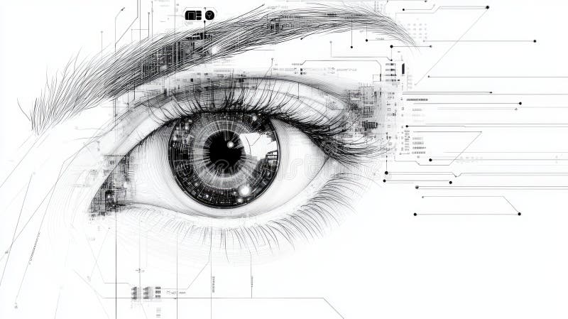 Close View of a Human Eye Combined with Circuit Patterns, Representing ...