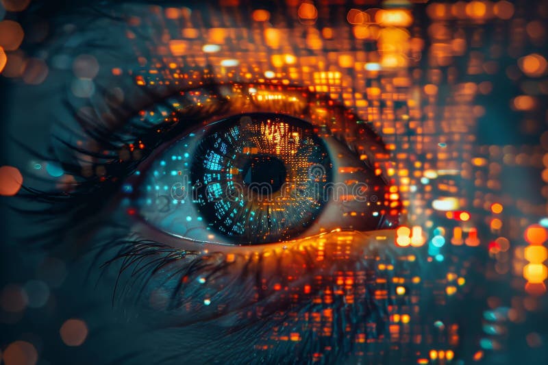 A Close View of a Human Eye with Vibrant Colored Lights in the Backdrop ...