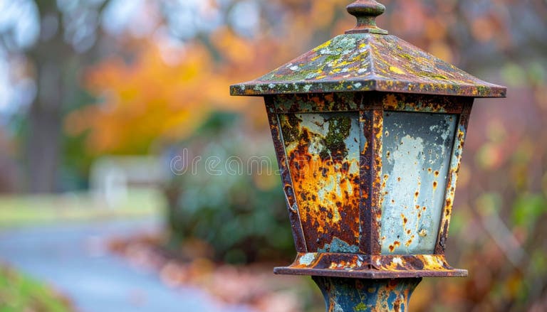Close View of an Old Rusty Lantern on a Pathway in a Park during Autumn ...