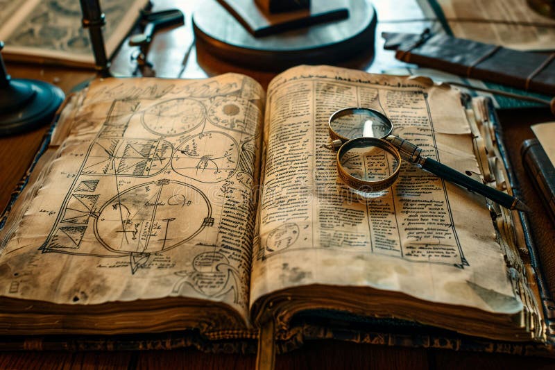 Close View of an Open Book on Ancient Science Pages Filled with ...