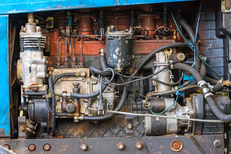Opened Diesel Engine Compartment of Old Belarussian Farm Tractor Stock ...
