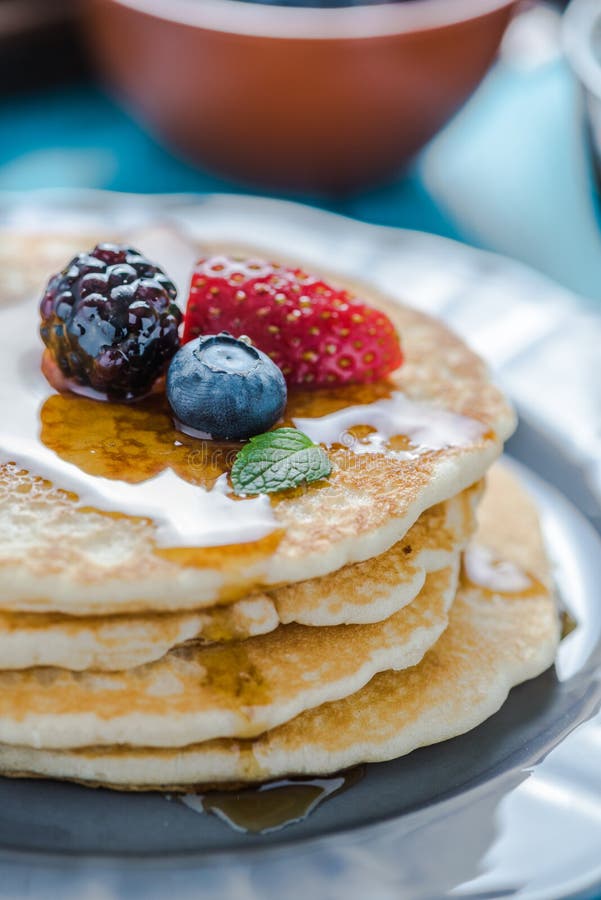 Close View on Pancakes Stack with Fruit Stock Image - Image of berry ...