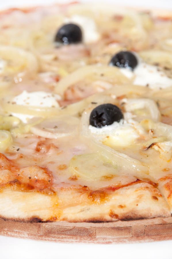 Close View Pizza with Onion Rings Black Olives Ham Stock Photo - Image ...