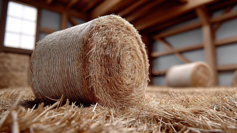 Close View of Rolled Hay Bale in Rustic Barn Environment Stock ...