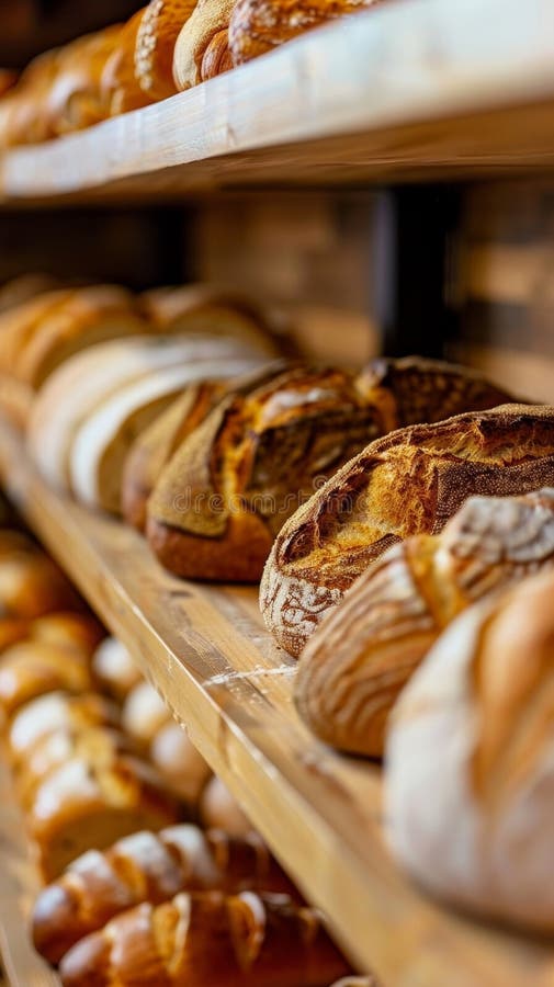 A Close View of a Shelf with Assorted Crusty Bread Loaves in Sharp ...