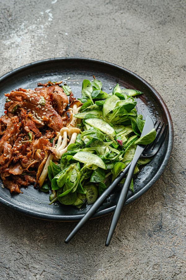 Close View of Soy Protein Meat with Green Salad Stock Image - Image of ...