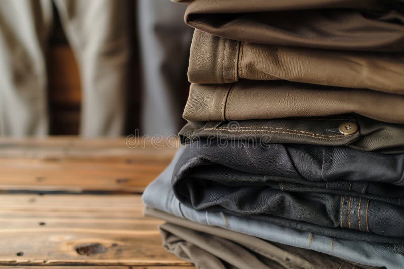 Close View of Stacked Work Trousers in Various Sizes Stock Illustration ...