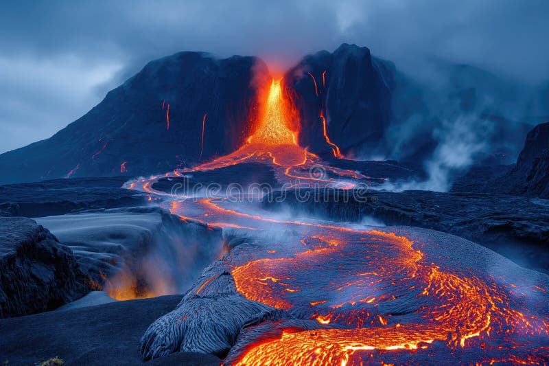 Close View of a Volcanic Eruption with Lava Flows Stock Illustration ...