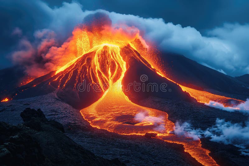 Close View of a Volcanic Eruption with Lava Flows Stock Photo - Image ...