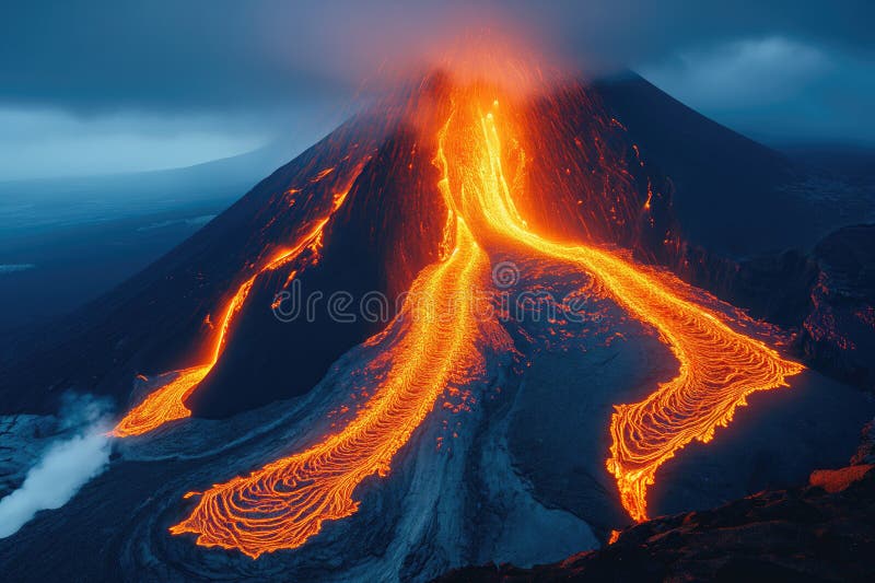 Close View of a Volcanic Eruption with Lava Flows Stock Photo - Image ...