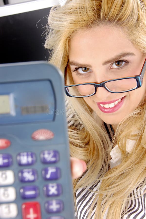 Close View of Woman Showing Calculator Stock Photo - Image of ...