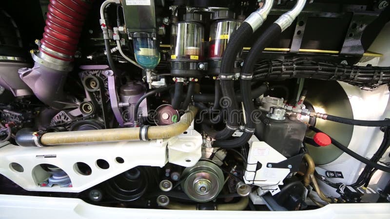 Close View of Working Bus Engine with Opened Front Stock Footage ...