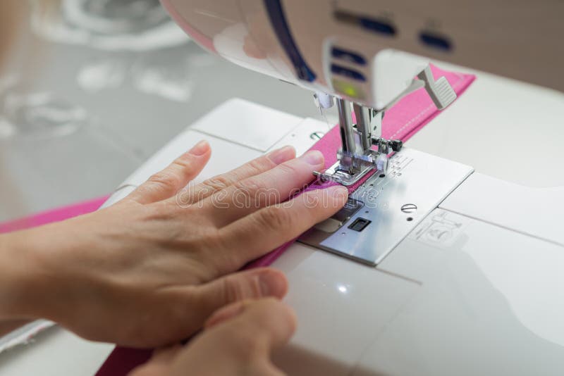 Close Woman Hands Sewing on Sewing Machine Stock Image - Image of ...