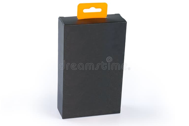 Closed Black Cardboard Packing Box with Orange Hanging Tab Stock Photo ...